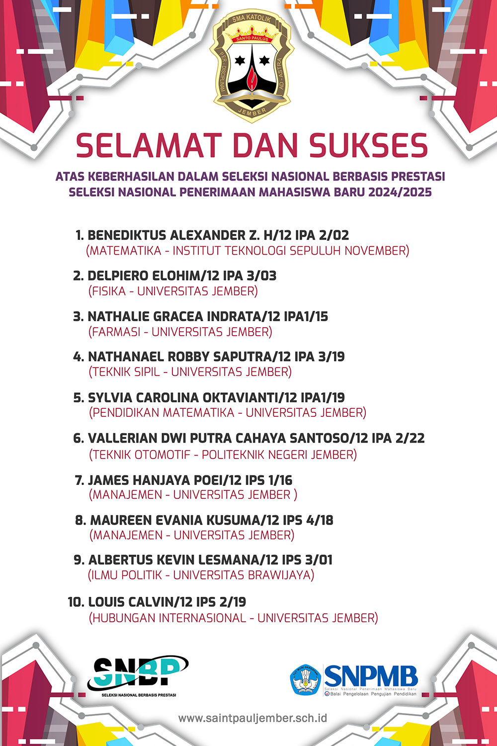 Selamat dan Sukses - SMAK Santo Paulus Jember